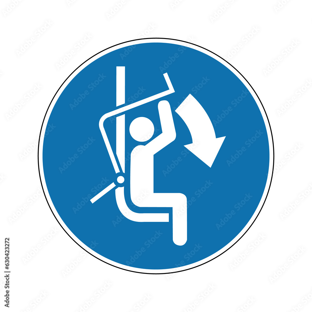 Close safety bar of the chairlift. Mandatory sign. Round blue sign ...