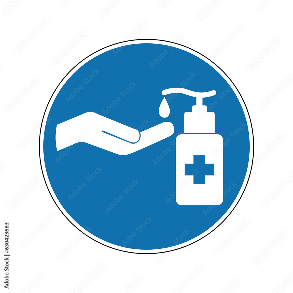 Hand sanitizer sign. Mandatory sign. Round blue sign. Use hand hygiene ...