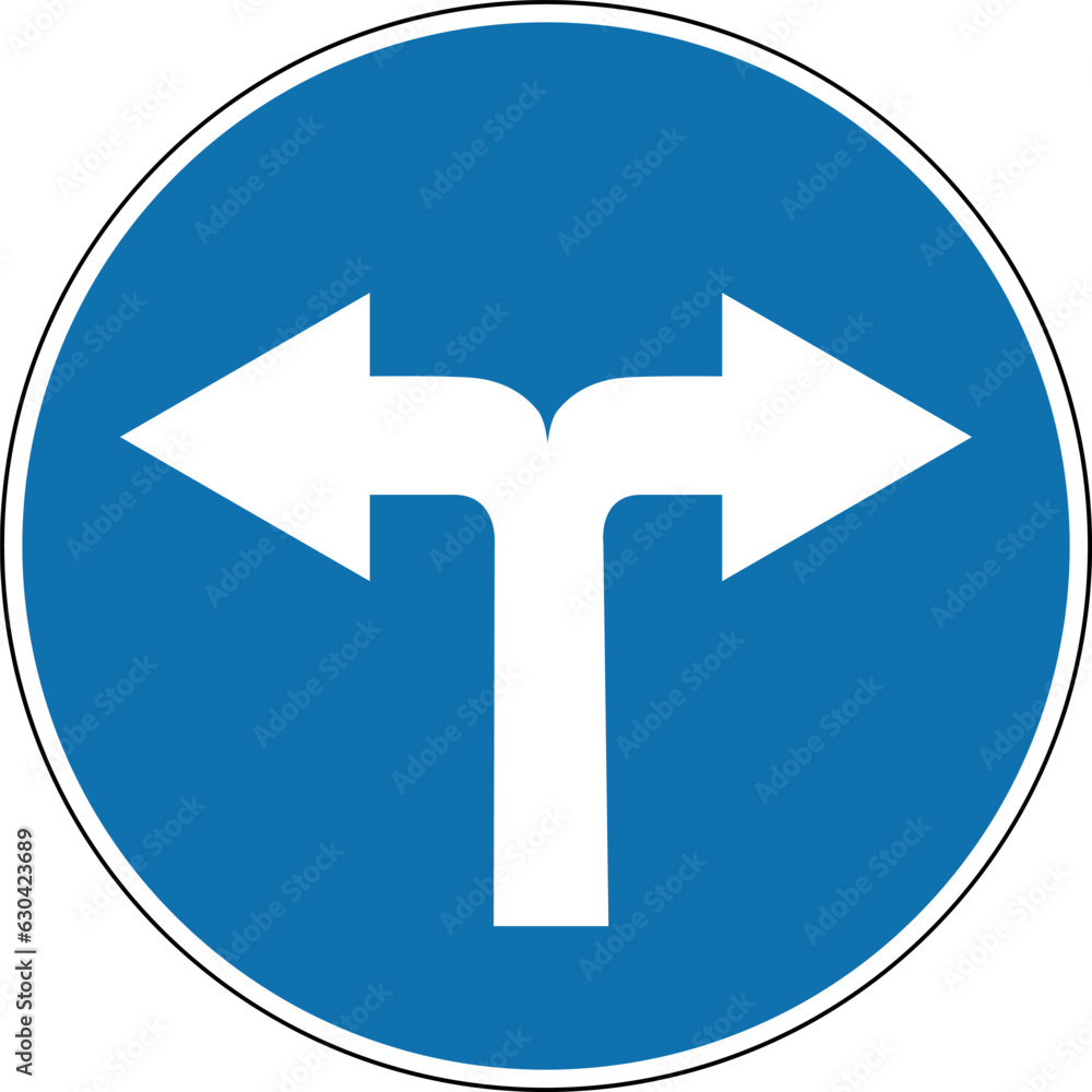 Sign turn left and right. Mandatory sign. Round blue sign. Turn right ...