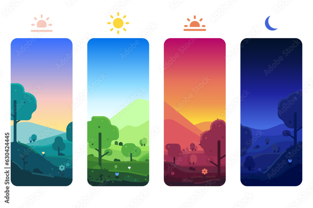 Landscape illustration of four times of day with icons. Dawn, noon ...