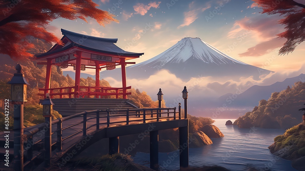 Anime-style depiction of a stone bridge with wooden railing, leading to ...