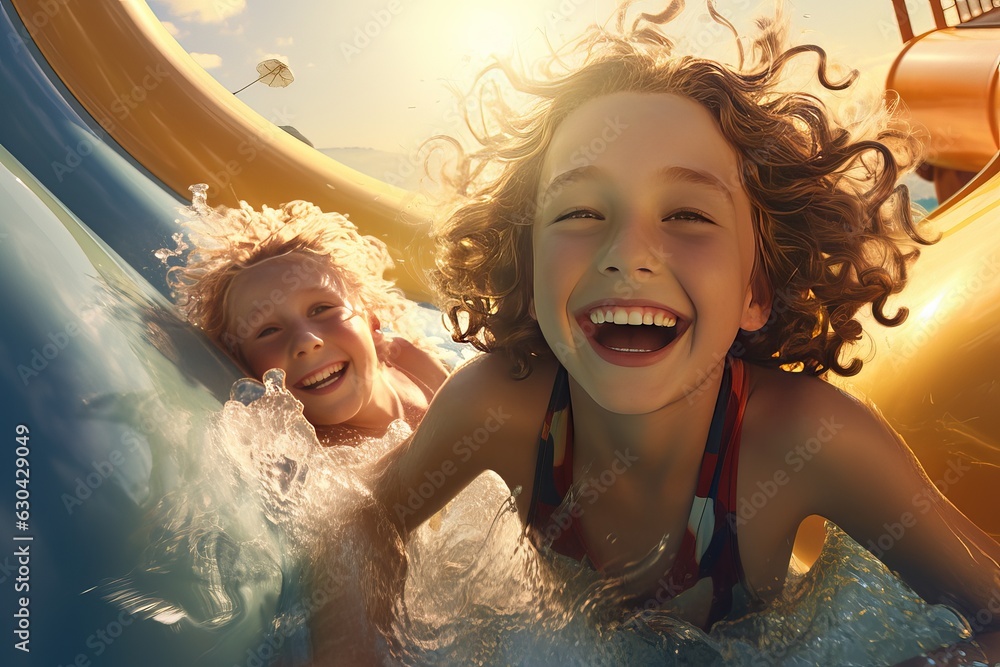 A happy girl on water slide in a swimming pool having fun during summer ...