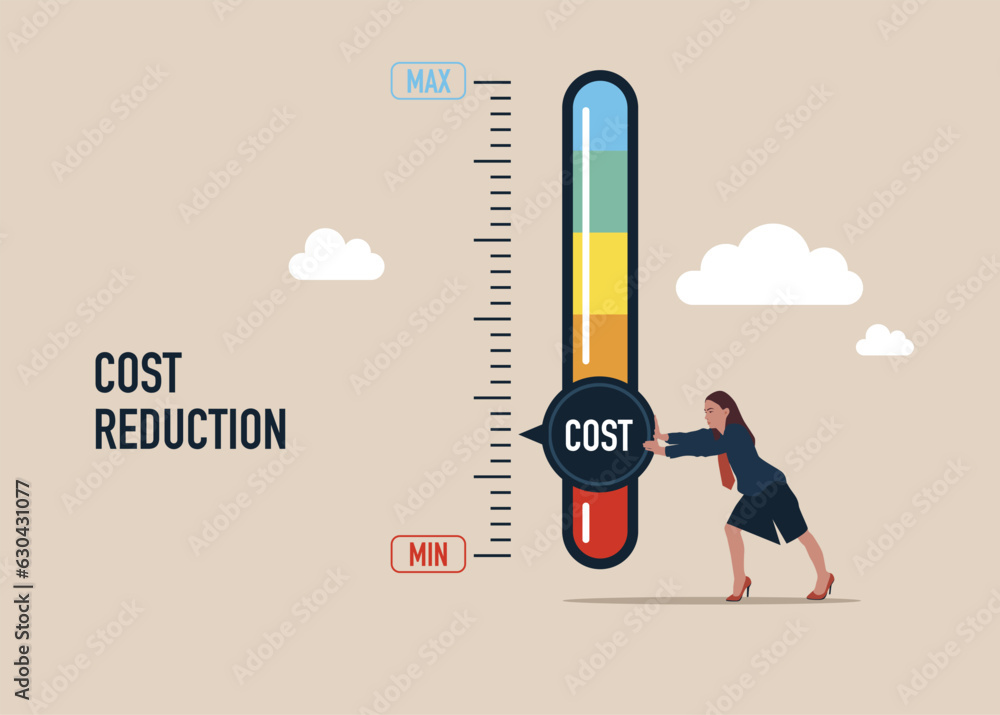Woman turning cost dial to a low. Cost reduction and efficiency. Vector ...