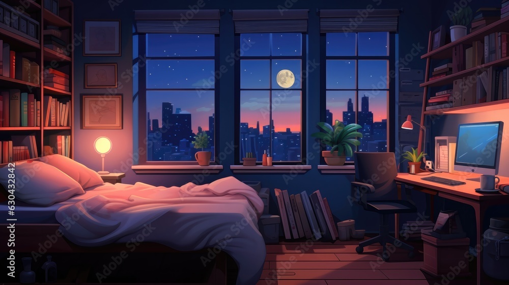 Animated studying lofi background. Late night homework. 2D cartoon ...