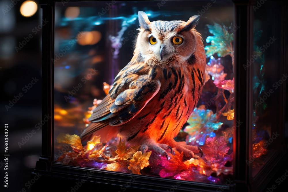 Owl, trapped inside a crystal display case realistic photo of majestic ...