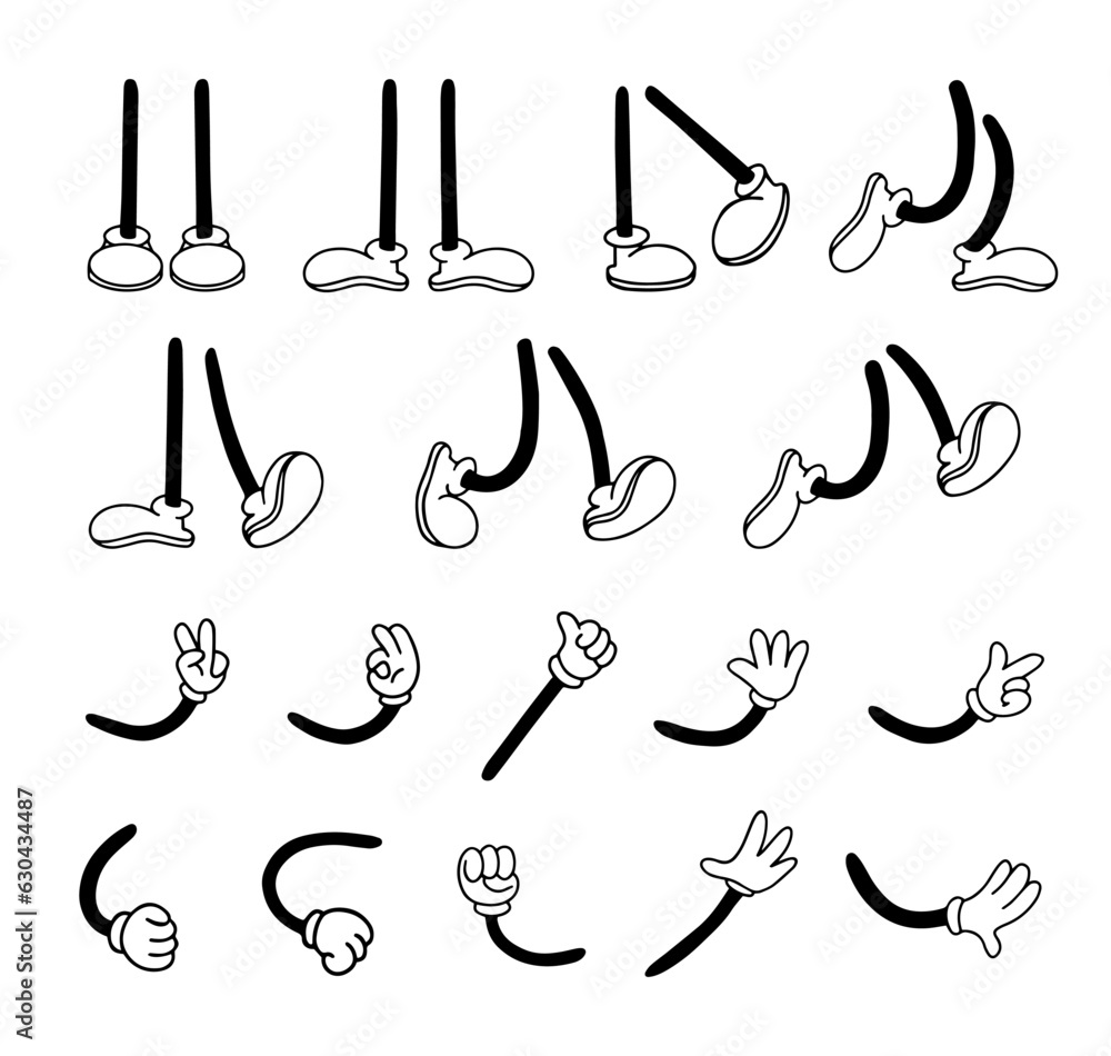 Cartoon hands in gloves and feet in retro shoes. Vintage funny ...