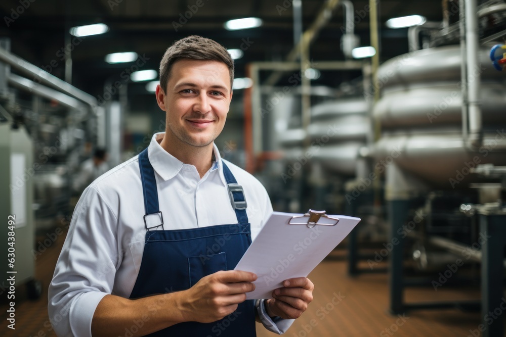Inside the food processing factory with a positive smiling technologist ...