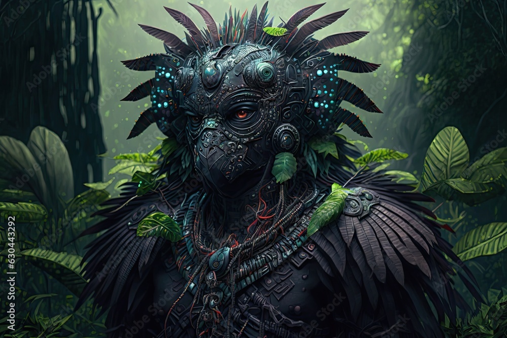 Fantasy alien in a dark forest with green plants Stock Illustration ...