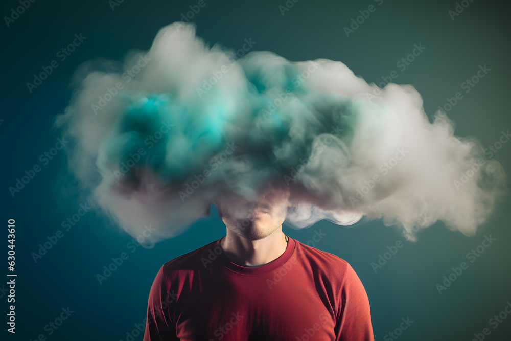 Man with a clouded mind, his head in white glamorous stylish minimalism cloud of smoke. Drunk ...