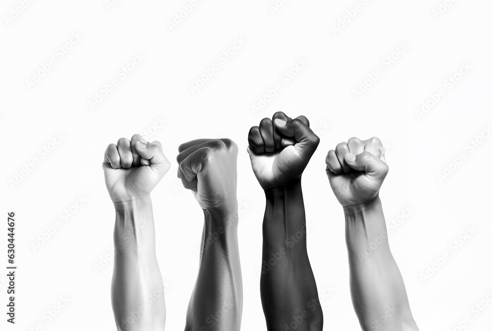 Four hands showing fists raised up, white background, Created using ...