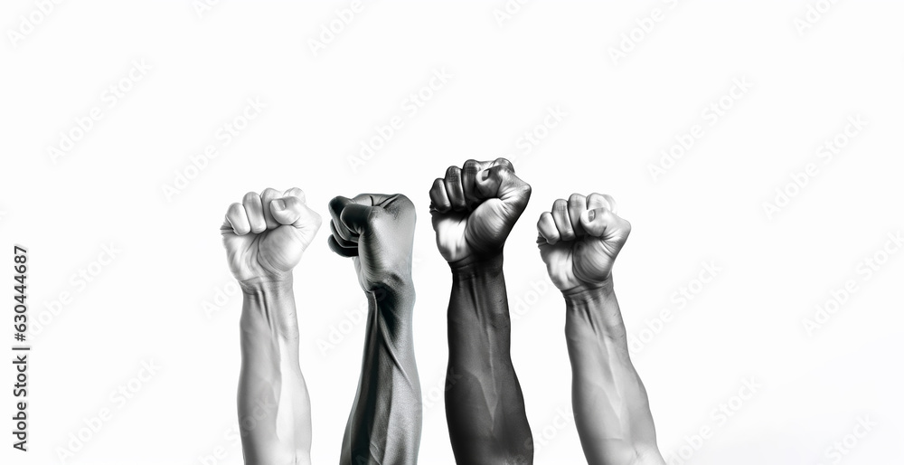 Four hands showing fists raised up, white background, Created using ...