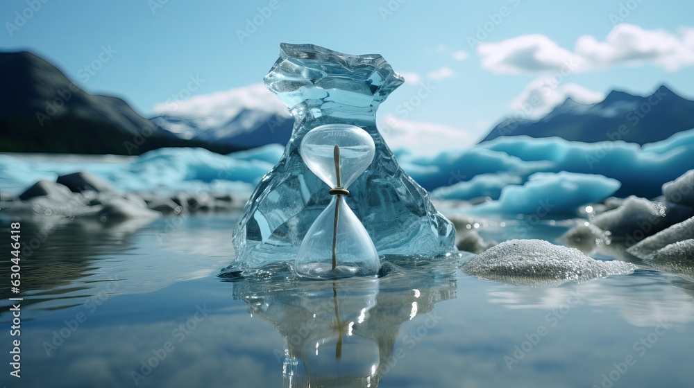 Iceberg glacier melting in a glass clock with a drop and a desert ...