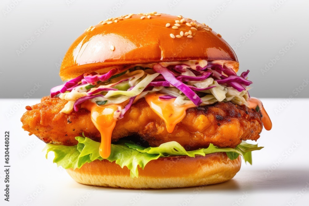 crispy chicken patty burger with coleslaw, melted cheese, lettuce Stock ...