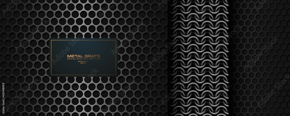 Dark seamless metal grid pattern set. Vector perforation grid texture ...