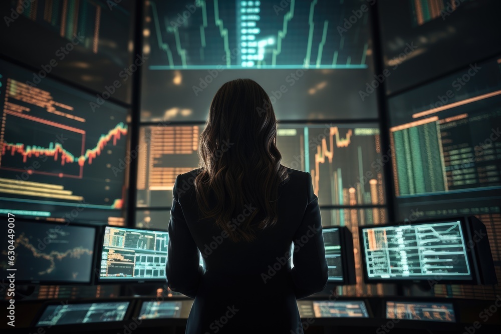 Professional female banker stood in the middle of the room Looking at ...