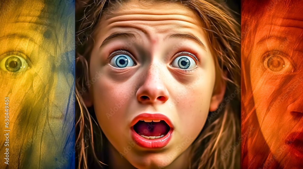 art portrait of a young girl with blue eyes an emotion of fear in her ...