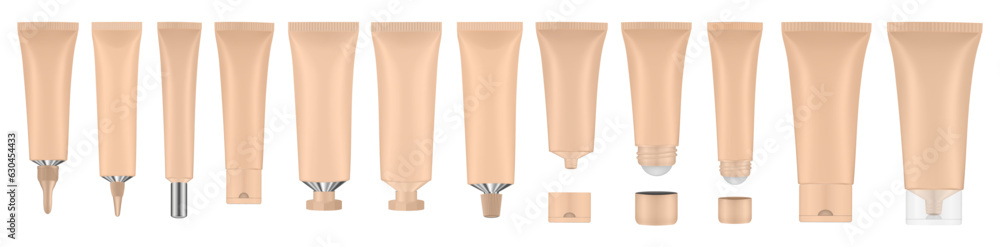 Set of beige tubes and bottles. Roller ball tube. Open and closed blank ...