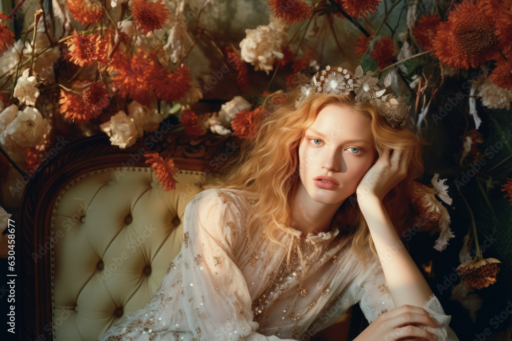 portrait of a woman/model/book character surrounded by flowers in ...