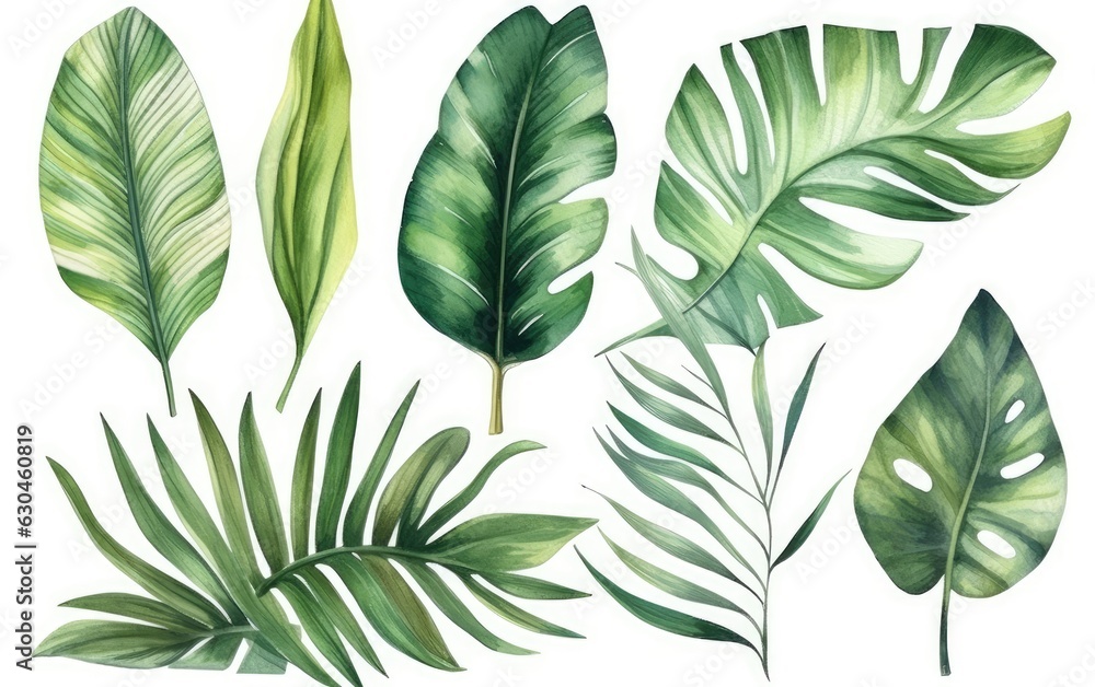 Tropical Set Palm Leaf Exotic Plants Palm Leaves On Isolated White Background Watercolor