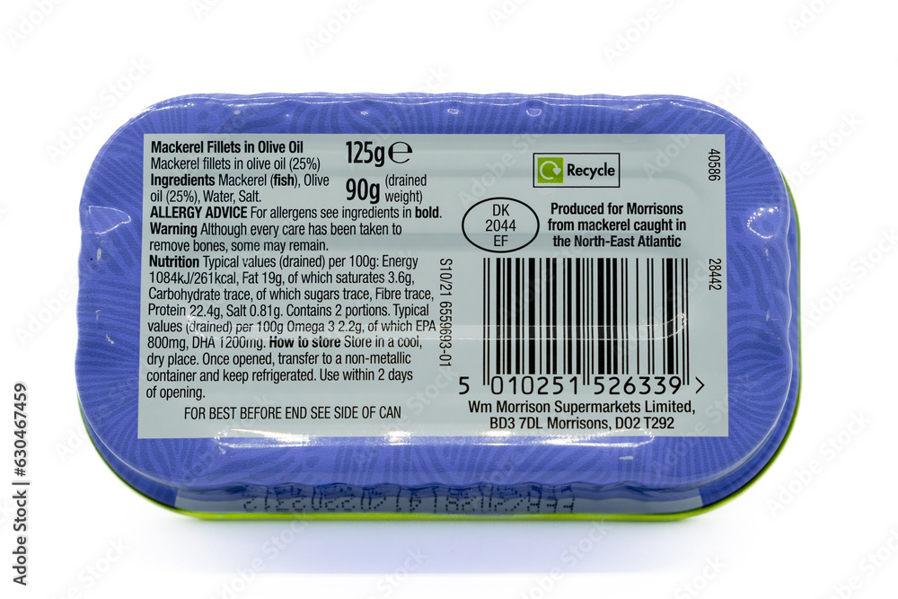 Irvine, Scotland, UK-July 21, 2023: One tine of Morrisons branded ...