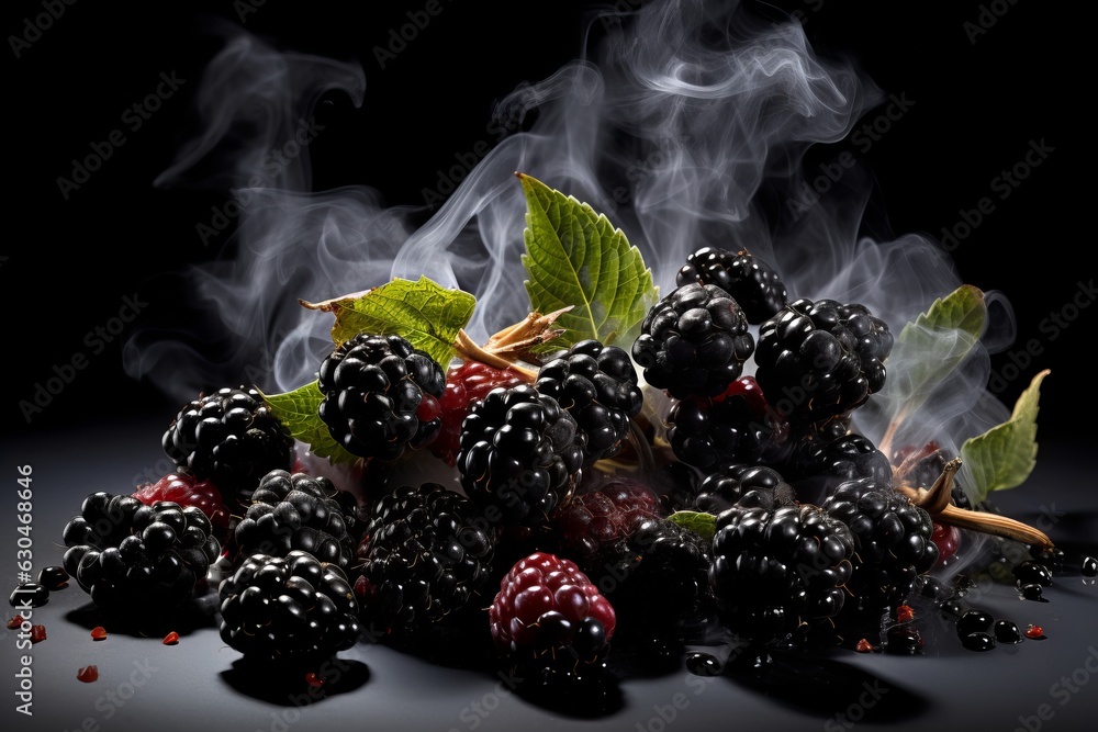 Many fresh raw ripe blackberries exploding and flying all around the ...