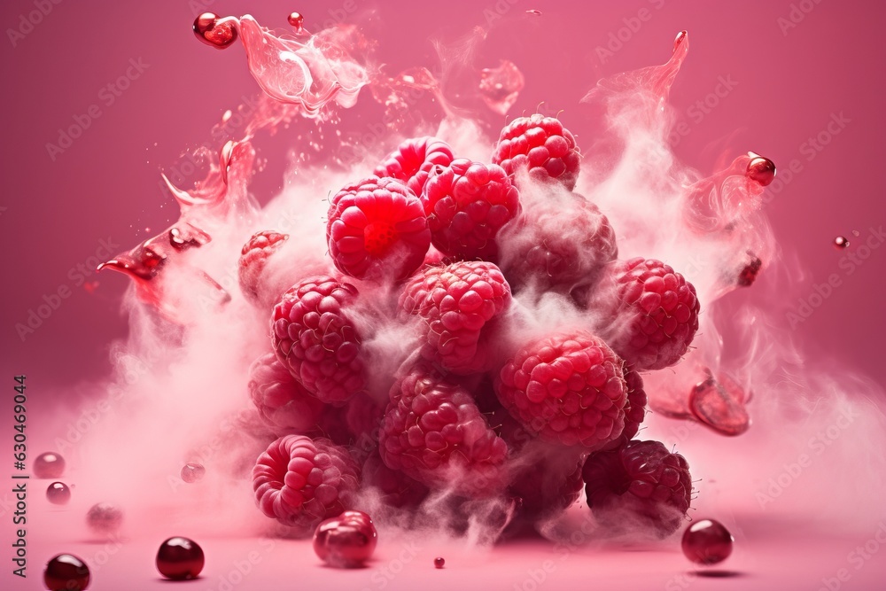 Many fresh raw red raspberries exploding and flying all around the pink ...