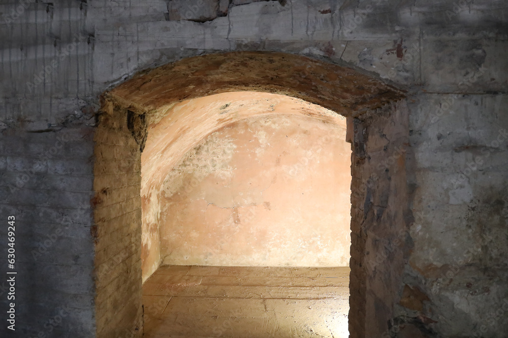 Subway corridors. Medieval red brick wall basement. Basement of ...