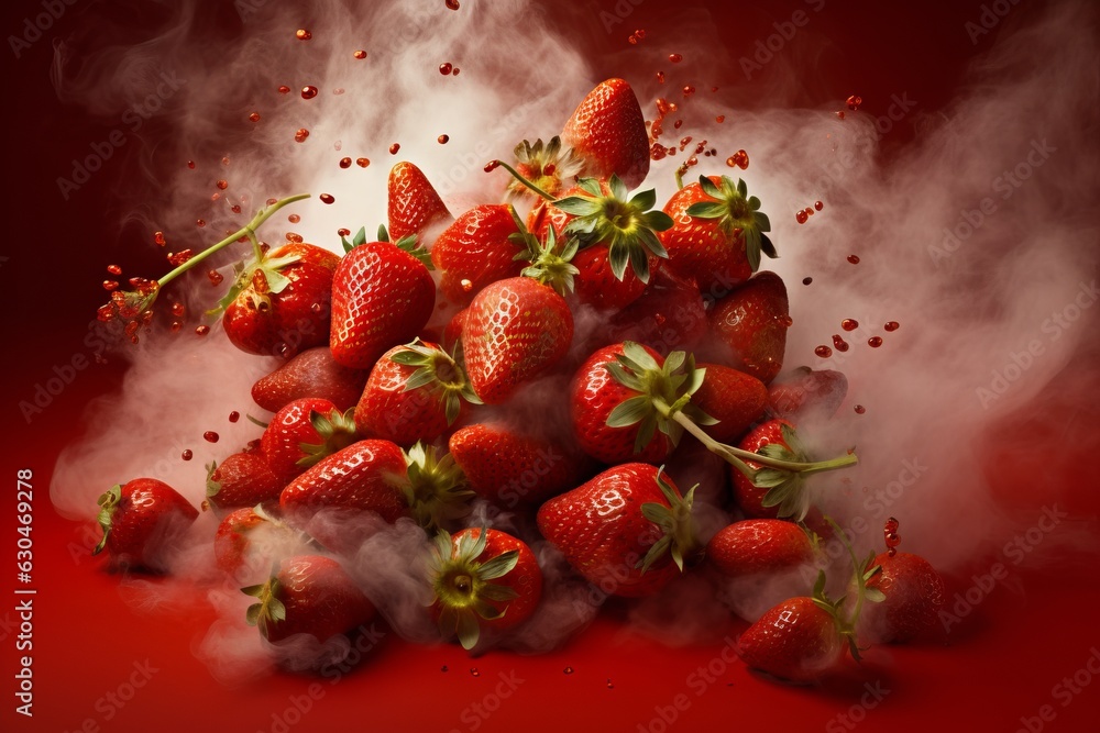 Many fresh raw red strawberries exploding and flying all around the red ...