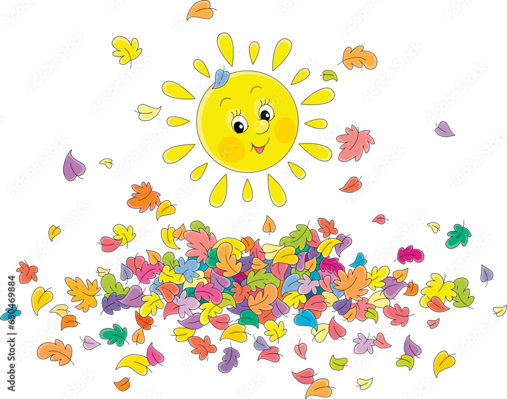 Cute friendly smiling yellow sun and colorful autumn leaves falling and ...