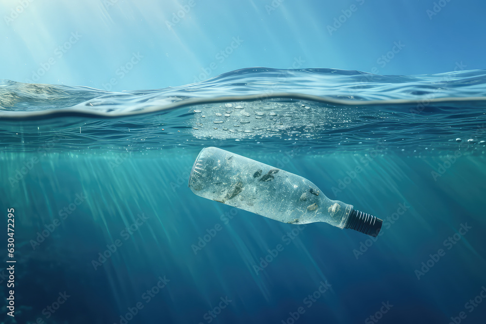 A plastic bottle dropped into the world's oceans. Close-up of bottle ...