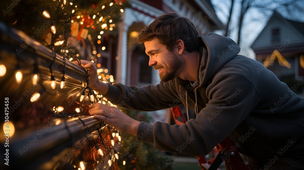 A man hanging lights on the exterior of a house Stock Photo | Adobe Stock