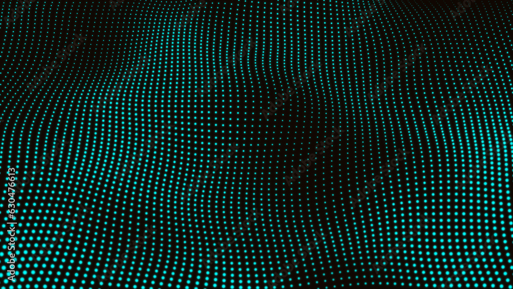 Bright blue digital dots form wave and black abstract background ...