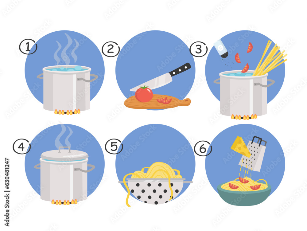 Cooking instruction set. Cut tomatoes, boil vegetables. Infographics ...