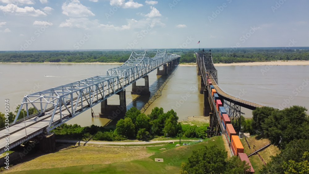 Vicksburg Bridge and Old Vicksburg Bridge with freight train crossing ...