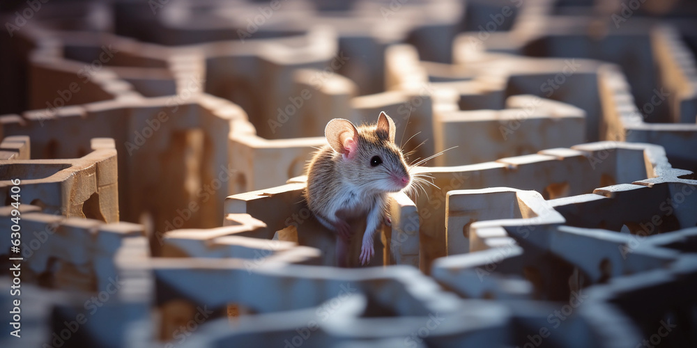 a mouse navigating a maze, rich in textures, focused on the mouse, the ...