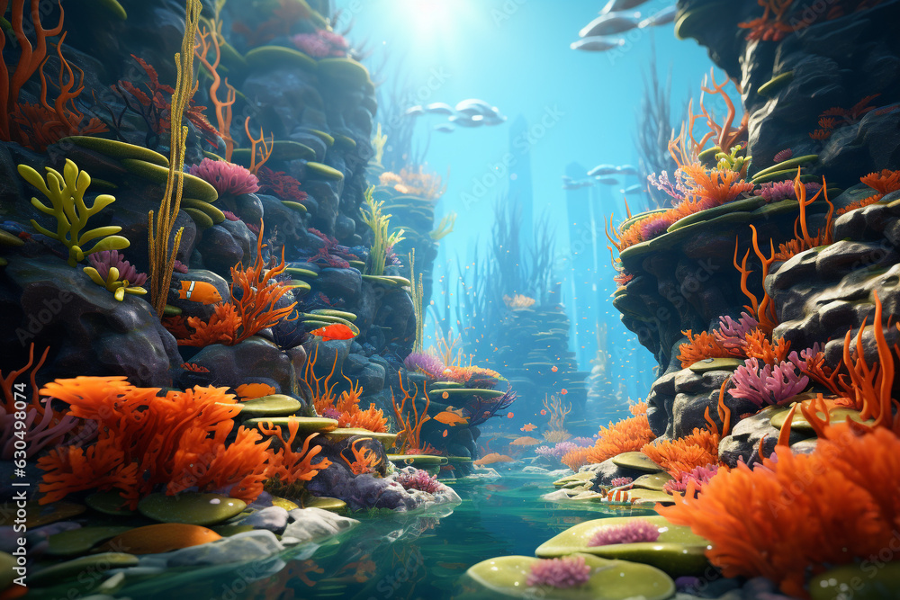 Underwater world with corals turtle fishes ocean inside. coral reef ...
