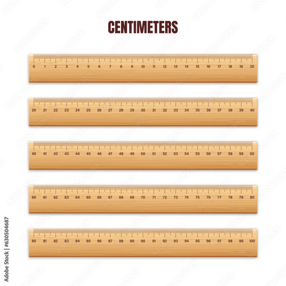 Realistic various wooden rulers with measurement scale and divisions ...