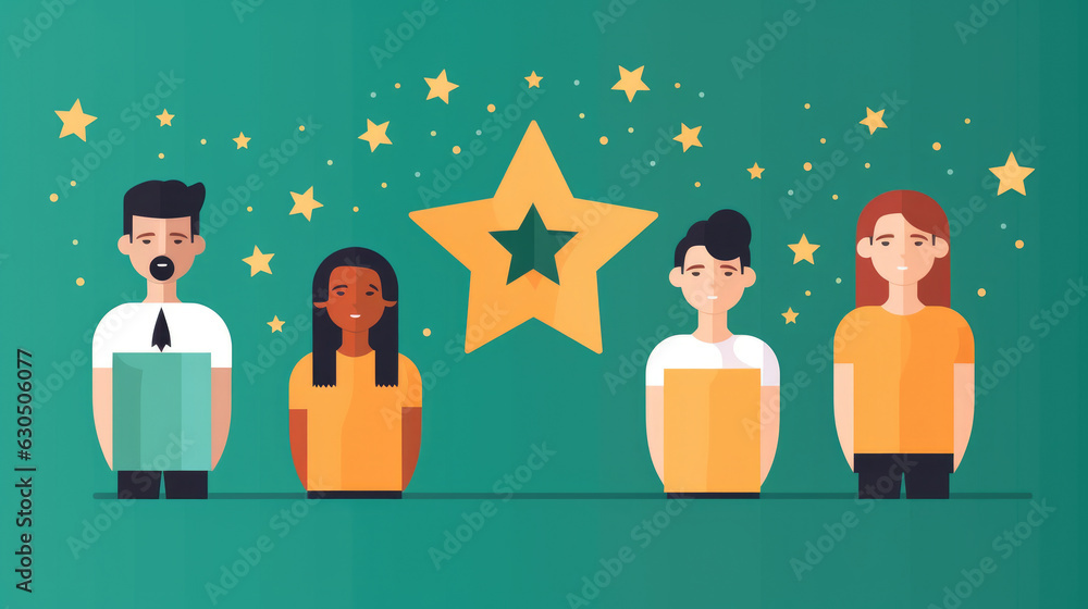 Diverse group of people standing together, using star rating system to ...
