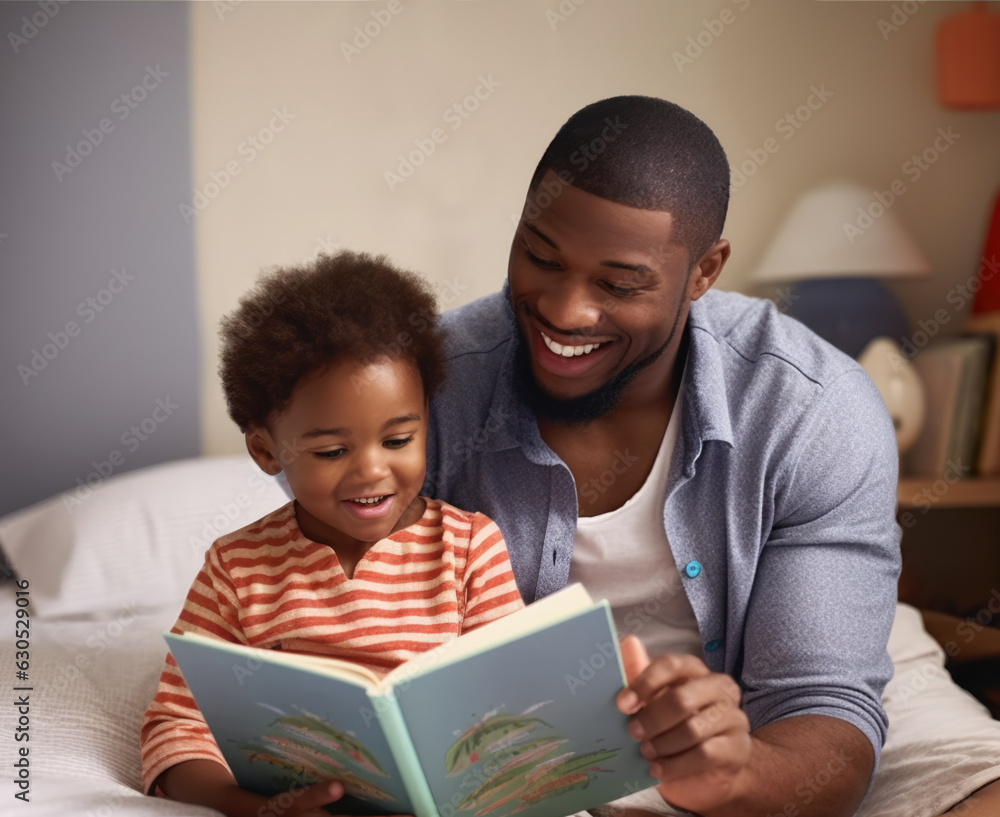Close-up portrait of a black father reading a bedtime story book with ...