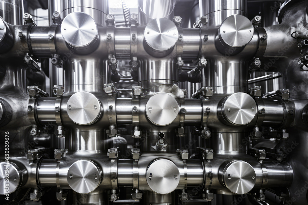Extreme close-up of a distillation column's valves and pipes ...