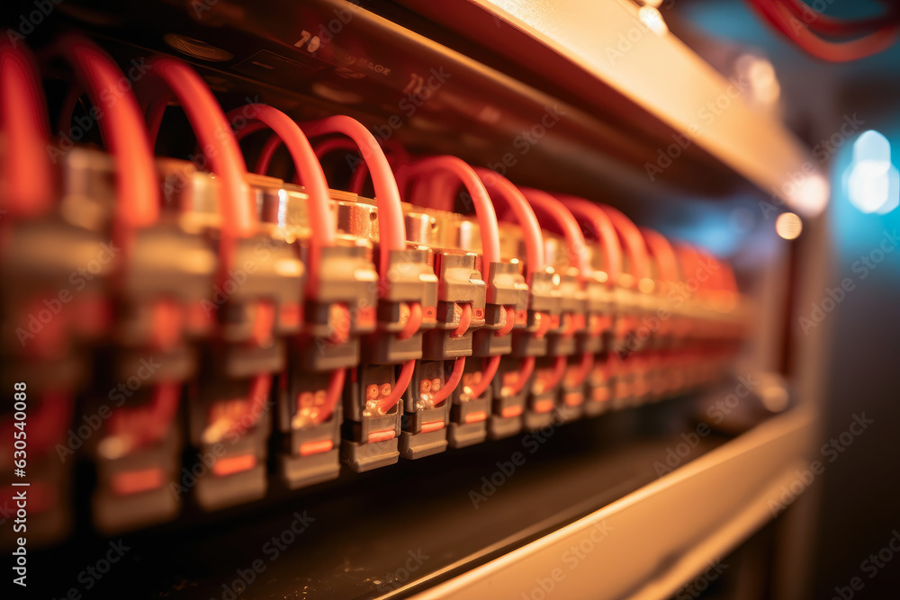 Extreme close-up of Busbars in an electrical cabinet with cables ...