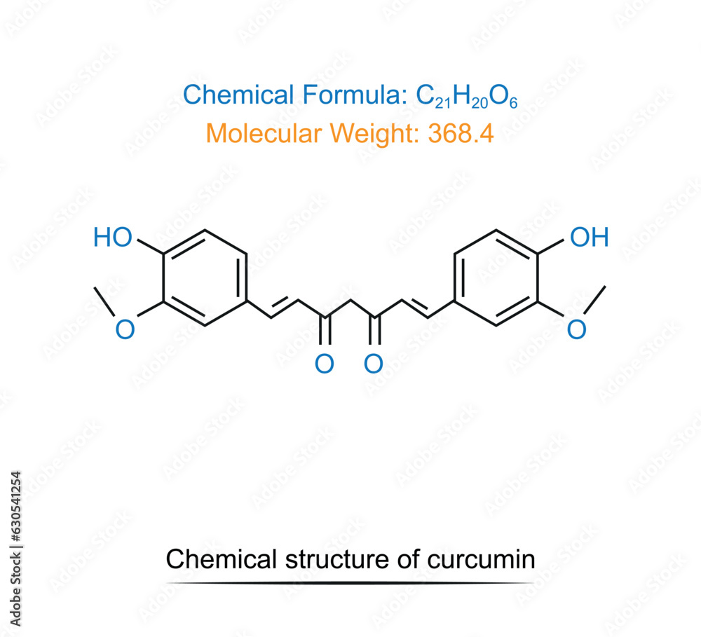 Chemical formula of curcumin molecule skeletal. Vector illustration ...