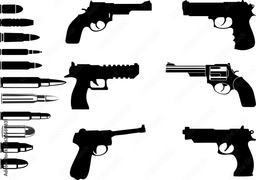 Collection of pistol, revolvers and guns with bullets icon in different ...