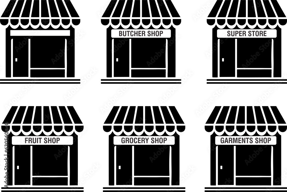 Multiple Shop icons. Exterior store facade butcher, garments, grocery ...