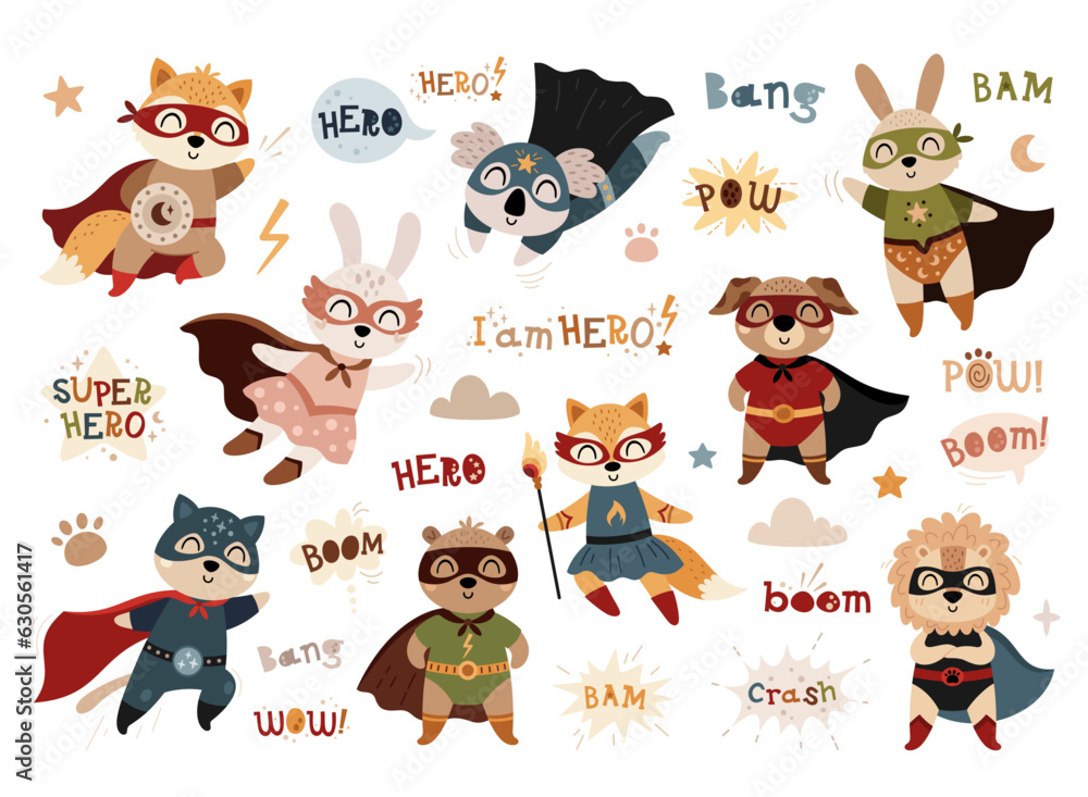 Cute animals in superhero masks and costumes with capes in flat style ...