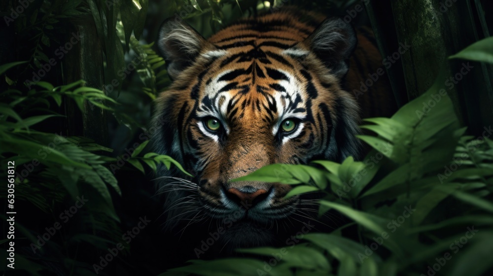A tiger lurks in the dense jungle, hiding in the shadows of the trees ...