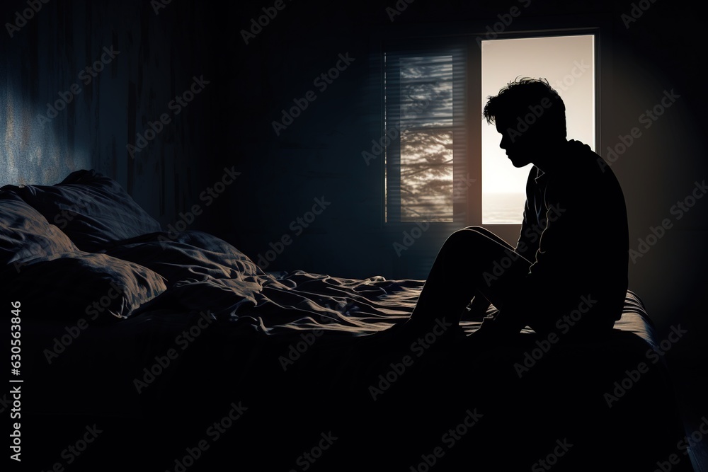 Silhouette depressed man sadly sitting on the bed in the bedroom. Sad ...