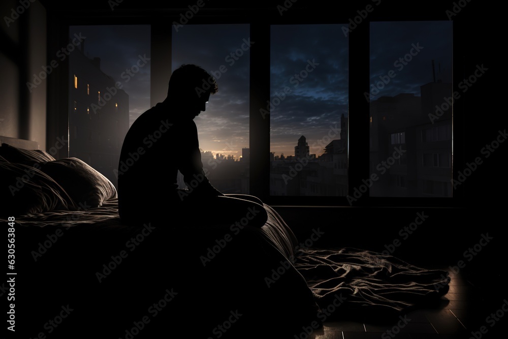 Silhouette depressed man sadly sitting on the bed in the bedroom. Sad ...