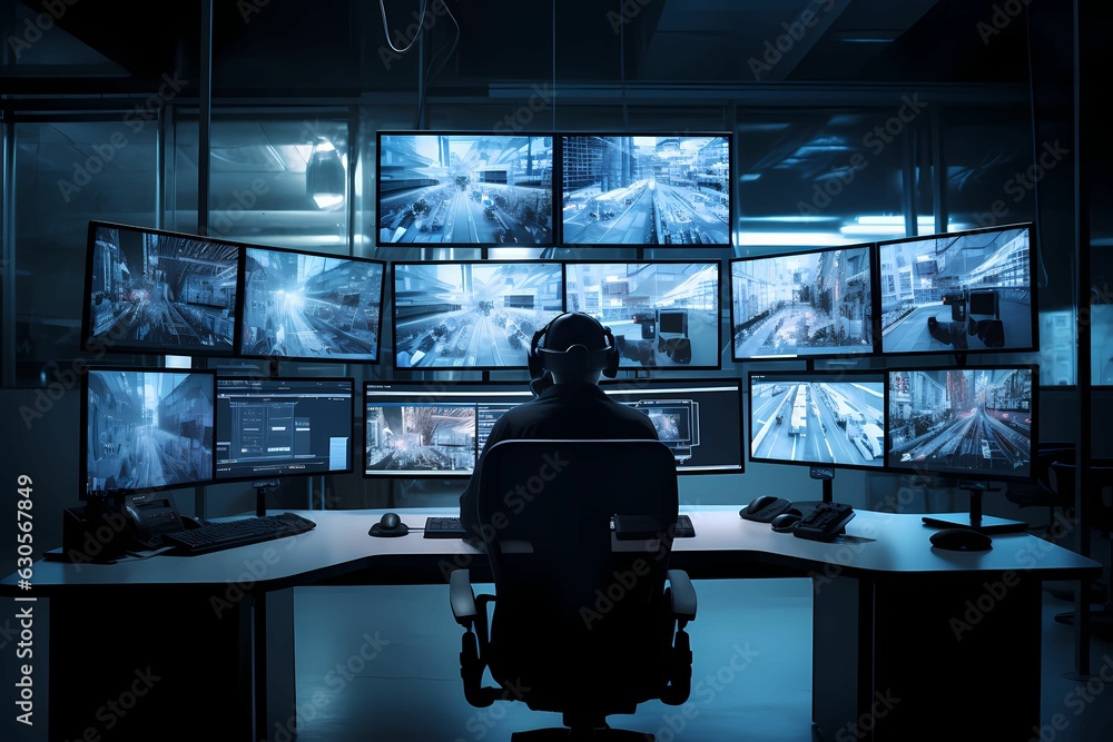 Security Control Room with multipoke Computer Screens Concept. Man ...