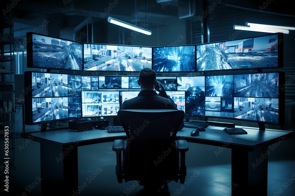 Security Control Room with multipoke Computer Screens Concept. Man ...